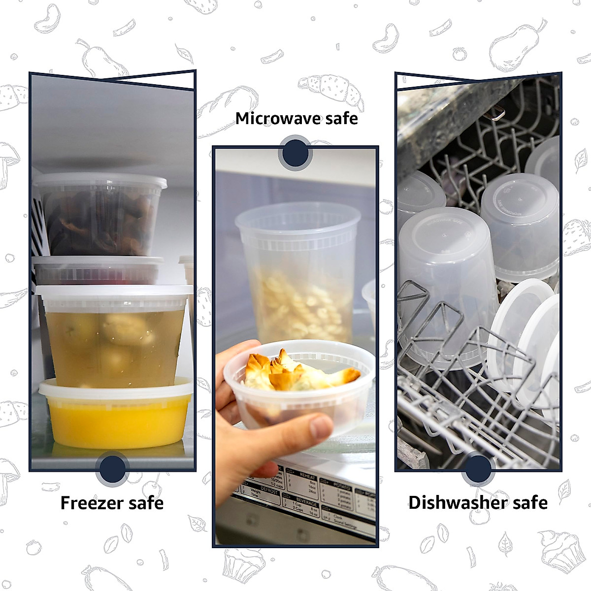 [48 Pack - 16 oz] Plastic Soup Cups Deli Food Storage Containers with Tight Lids Portion Control Non-Spill Stackable Microwaveable Freezer Dishwasher Safe