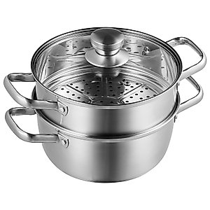 VEVOR Steamer Pot, 9.5in/24cm Steamer Pot for Cooking with 5QT Stock Pot and Vegetable Steamer, Food-Grade 304 Stainless Steel Food Steamer Cookware with Lid for Gas Electric Induction Grill Stove
