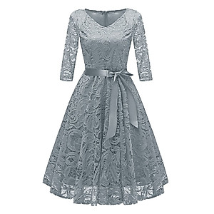 F_Gotal Womens Vintage Dresses Casual Floral Lace Mini Tank Dress Fashion Aline Swing Dress Party Cocktail Prom Gray