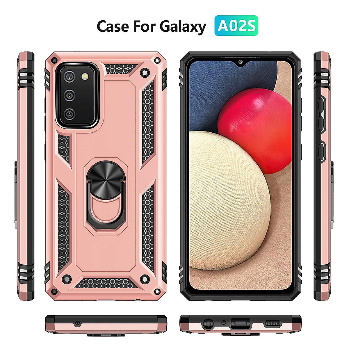 SKTGSLAMY for Galaxy A02S Phone Case,Galaxy A02S Case with Screen Protector,[Military Grade] 16ft. Drop Tested Cover with Magnetic Kickstand Car Mount Protective Case for Samsung A02S, Rose Gold