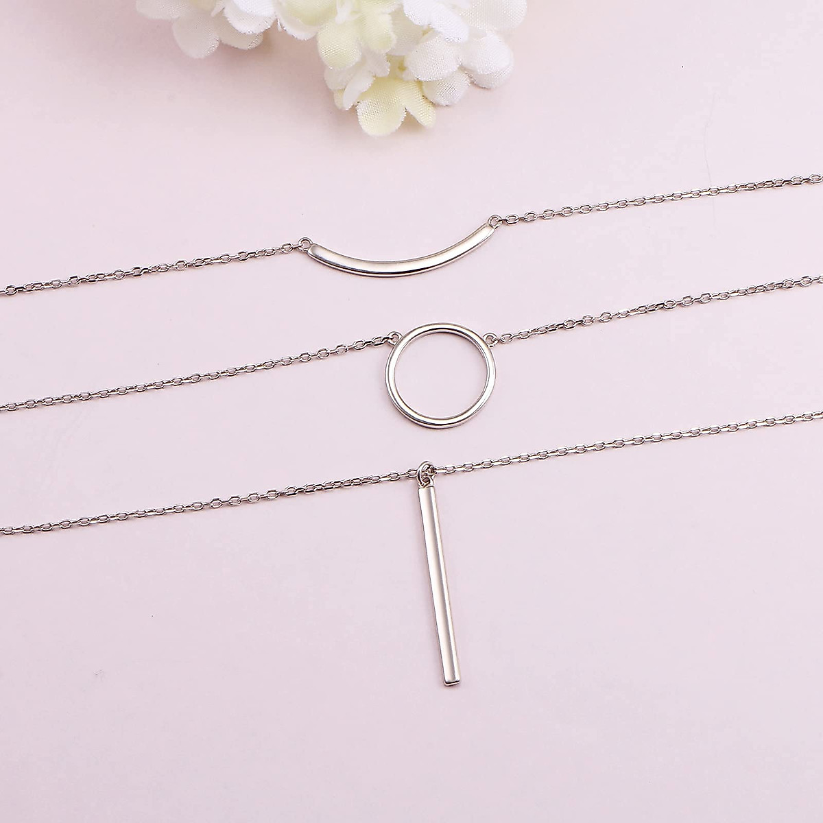 Boho Sterling Silver Dainty Layered Triple Layer Long Stacked Lariat Choker Stack Necklaces for Women Bar Circle Multi 3 Layering Chains
