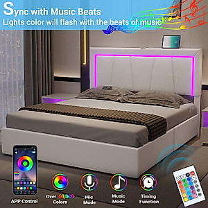 DICTAC Bed Frame Queen Size with 4 Storage Drawers and LED Lights Faux Leather Upholstered Queen LED Platform Bed Frame with USB Ports & Adjustable LED Headboard,No Box Spring Needed,Noise Free,White