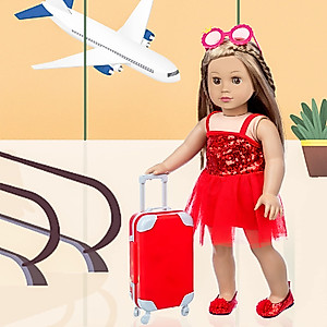 XFEYUE 18 inch Doll Clothes and Accessories - Suitcase Travel Luggage Play Set, Including Doll Clothes, Sunglasses, Camera, Computer, Mobile Phone, Unicorn Pillow Fit 18 inch Girl Doll
