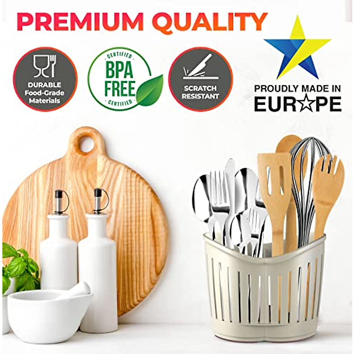 Mueller Kitchen Utensil Holder, Heavy Duty Flatware Drying Basket with Two Compartments, Non-Slip Base and Removable Divider for Easy Cleaning, European Made Countertop Drying Rack, Beige