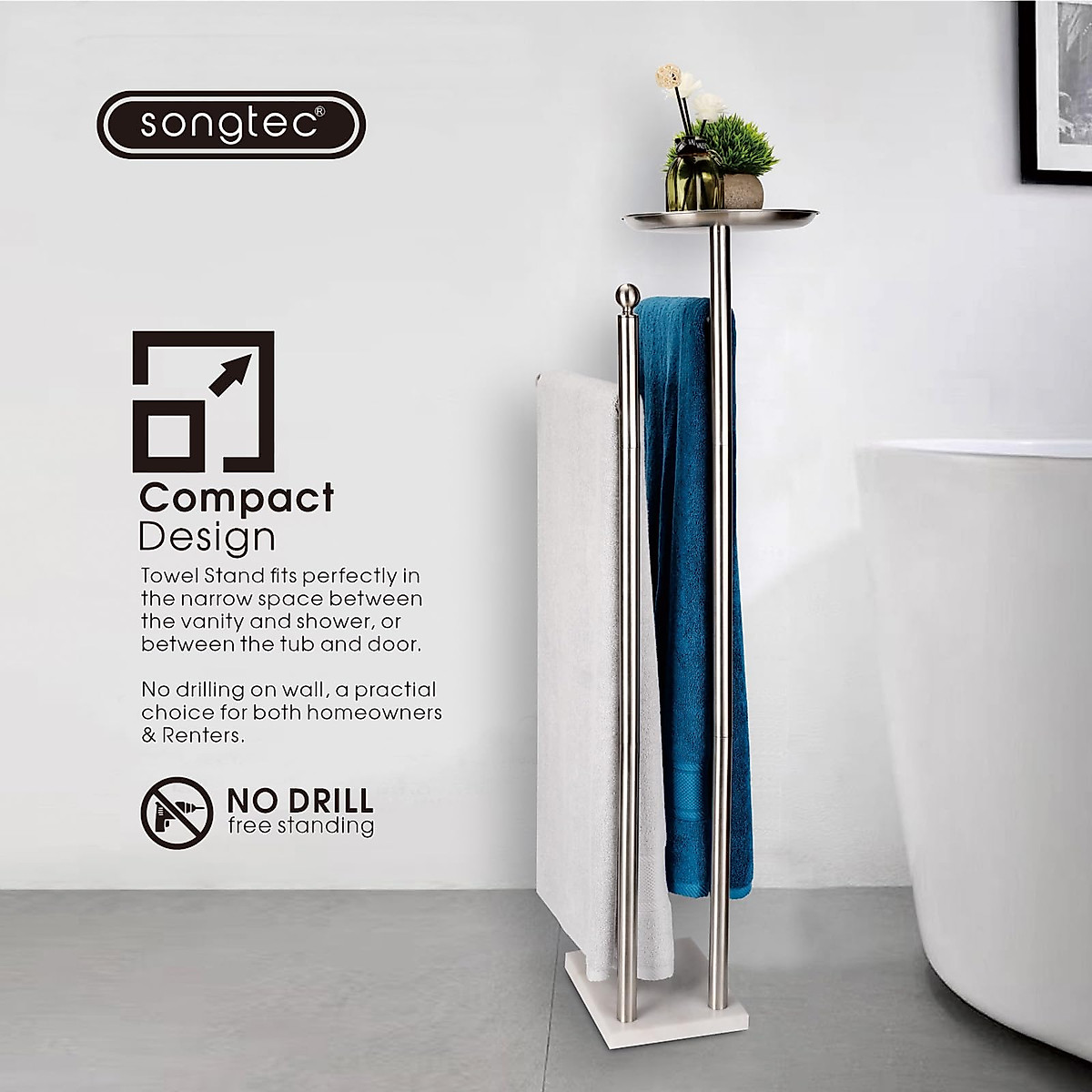 Songtec Towel Rack Stand for Bathroom, 2-Tier Towel Holder Stand for Bath Towels Max to 68” & 60” Long, Practical Shelf on Top for Phone, Shampoo, Body Wash