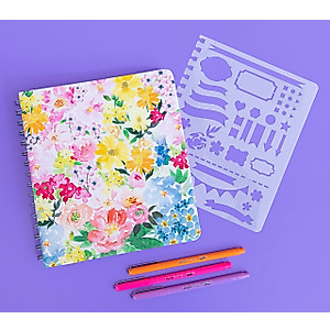 Steel Mill & Co Writing and Drawing Journal, Cute Floral Spiral Notebook with 160 Lined Pages, Art Journal with Reusable Stencil, Summer Garden