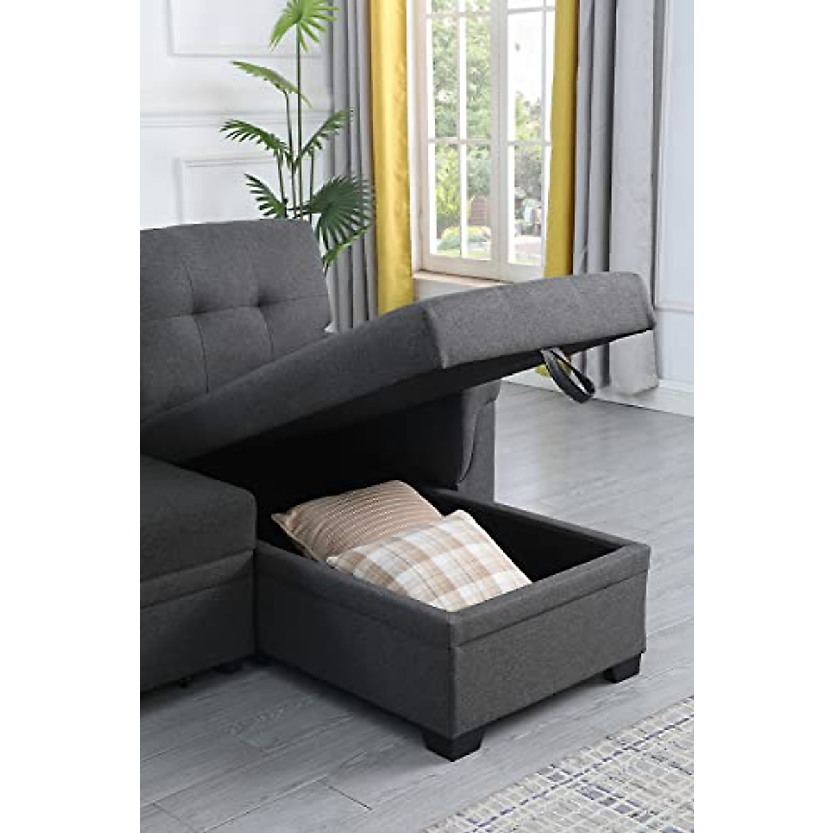 OMMGG 84'' L-Shape Convertible Sleeper Sectional Sofa, Linen Upholstered Reversible Corner 3 Person Couch with Storage Chaise and Pull-Out Bed, for Living Room, Apartment, 84, Dark Gray-1