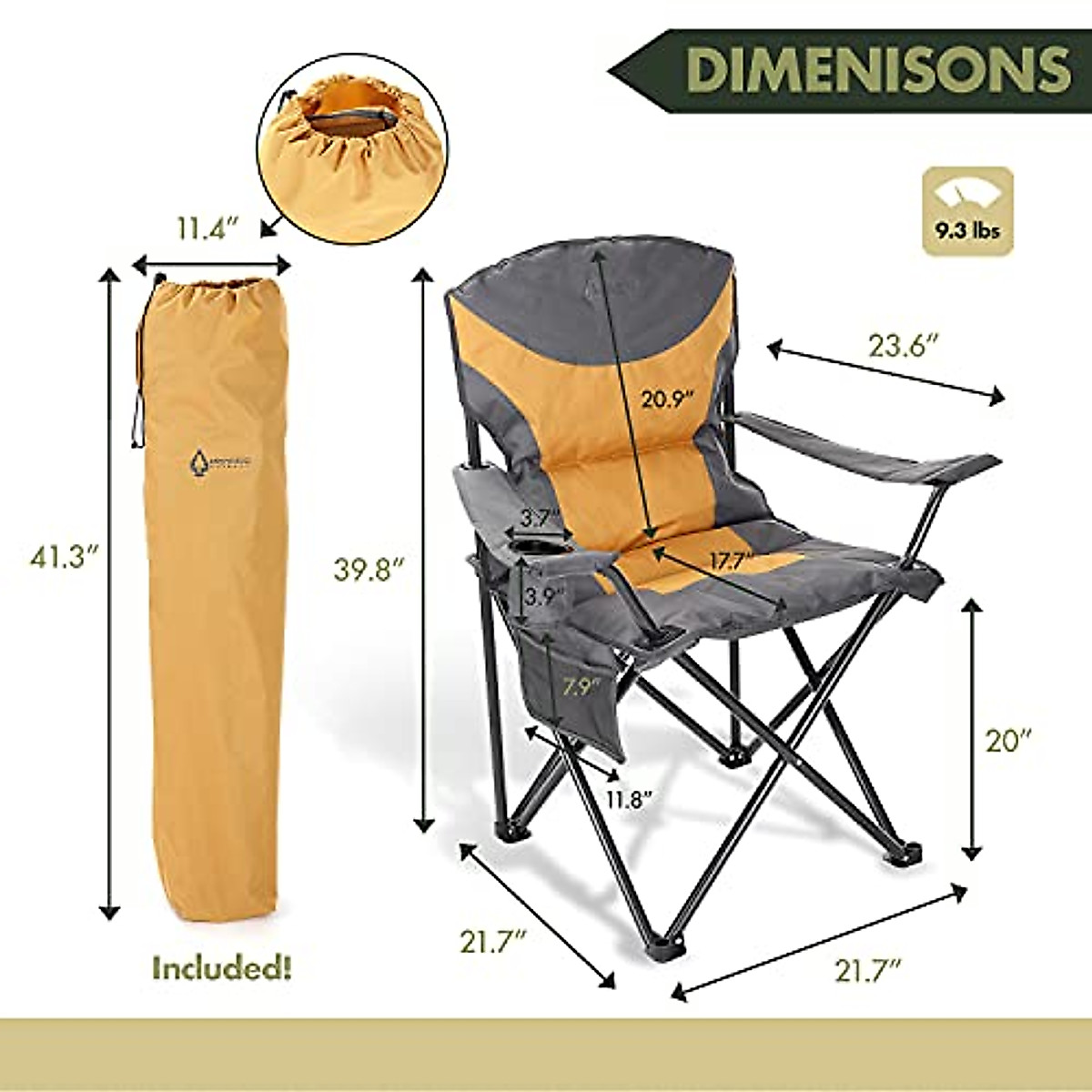 ARROWHEAD OUTDOOR Portable Folding Camping Quad Chair w/Added Ultra-Comfortable Padding, Cup-Holder, Heavy-Duty Carrying Bag, Padded Armrests, Supports up to 330lbs, USA-Based Support (Tan & Gray)