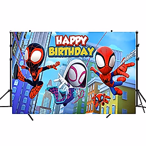Spidey and His Amazing Friends Backdrop, Cartoon Superhero Spiderman Themed Photography Backdrops for Girl Kids Happy Birthday Party Photo Background (5X3FT)