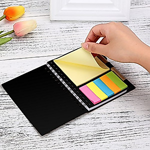 TOODOO 4 Packs 4.5 by 5.5 inch Spiral Notebook Lined Notepad with Pen in Holder and Sticky Notes, Page Marker Colored Index Tabs Flags (Black Cover)