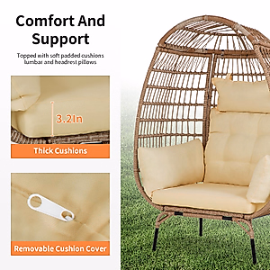 Egg Chair Egg Basket Lounge Chair Rattan Chair Steel Frame Oversized Indoor Outdoor Lounger Simple Installation with 4 Comfort Cushion and Stand,352lb Capacity for Patio Garden Living Room,White