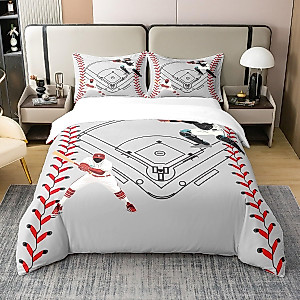 Castle Fairy Baseball Player Comforter Cover Queen Baseball Field Print 100% Organic Cotton Duvet Cover American Sports Ball Game Bedding Sets Red Baseball Texture Bedspread Cover 3 Pieces
