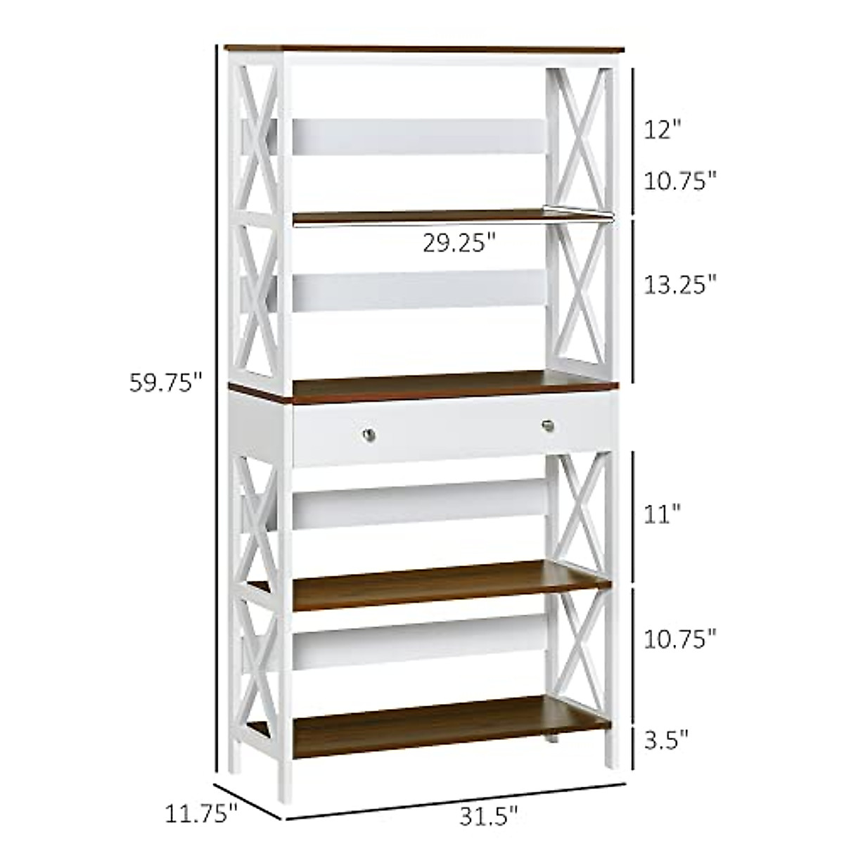 HOMCOM 4-Tier Shelving Bookcase Storage Cupboard with Pull Out Drawer, and Wooden Frame with X Bar Stability, White