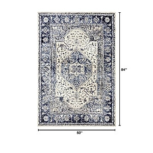 Persian-Rugs Distressed Ivory 5x7 Area Rug, Blue French Country Rug for Living Room and Kitchen