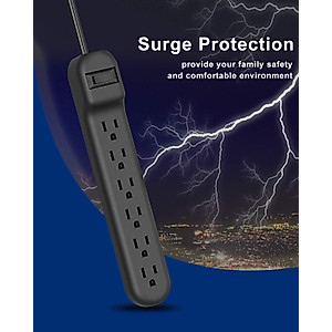 Wishinkle Surge Protector with 6 Outlets, 2.5-Foot Flat Plug Extension Cord Power Strip, 500 Joule, Multiple Protection Outlet Strip for Home, Office, Travel, School-Black, Pack of 2