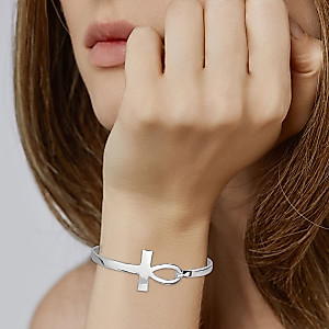 WithLoveSilver Sterling Silver 925 Ankh Cross Key of Life Bangle Bracelet