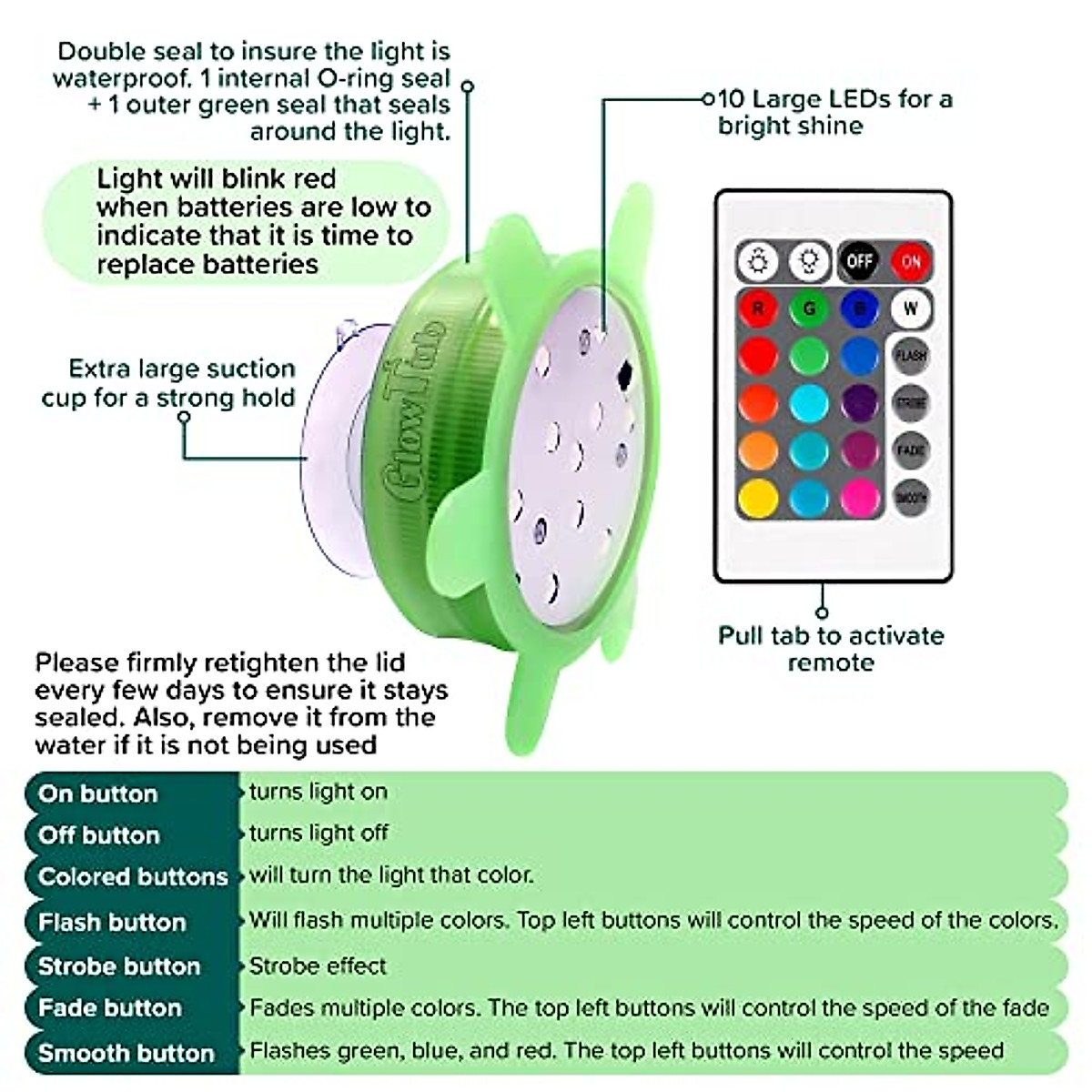 GlowTub Underwater Remote Controlled LED Color Changing Light for Bathtub or spa - Battery Operated