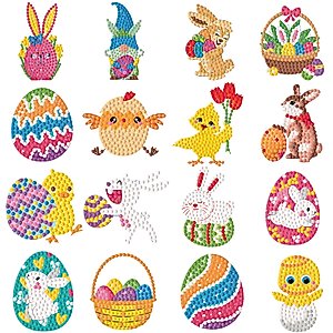 DERFILIN 16PCS Diamond Painting Stickers Set for Kids, 5D Easter Eggs Bunny Mosaic Stickers, DIY Creative Crafts for Boys and Girls Gem Art Set