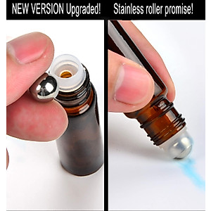 Youngever 18 Amber Glass Essential Oil Bottles Bundle, 6 Dropper Bottles (1 Ounce), 6 Spray Bottles (2 Ounce), 6 Stainless Steel Roller Bottles for Essential Oil (10 ml)