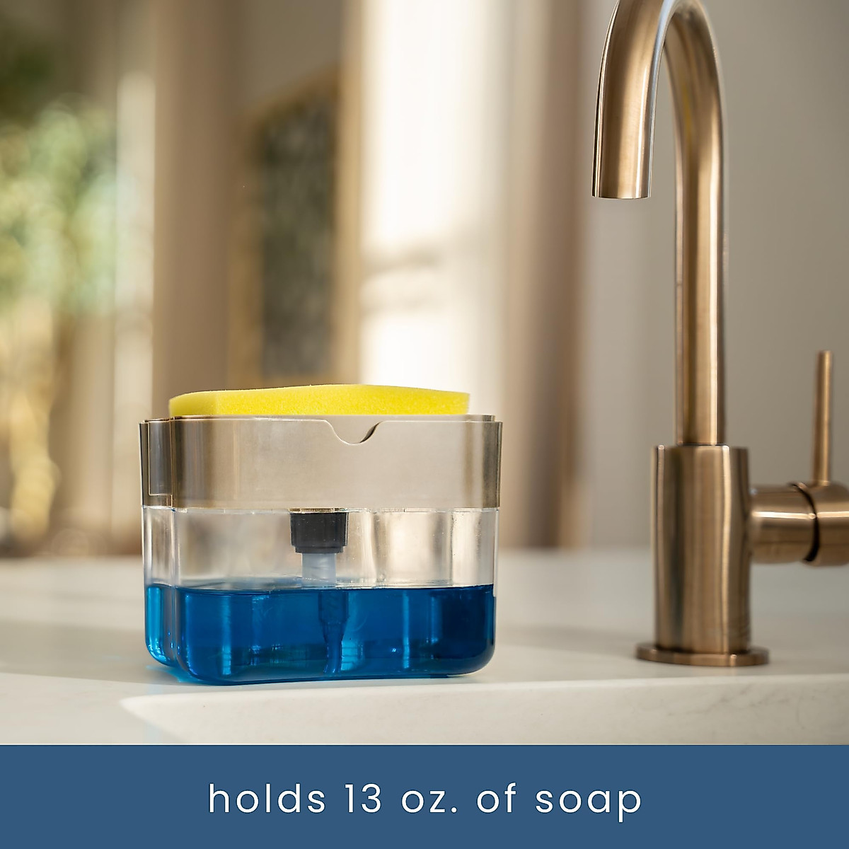 S&T INC. Dish Soap Dispenser and Sponge Holder for Kitchen Sink, Sponge Included, 13 Ounces, Metallic Silver