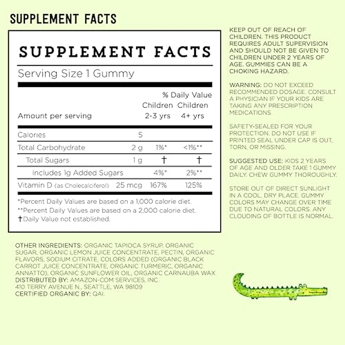 Amazon Brand - Mama Bear Organic Kids Vitamin D3 25 mcg (1000 IU) Gummies per serving, Bone and Immune Health, Strawberry, 80 Count