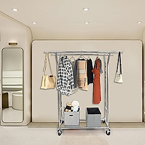 ALUPOM Extendable Double Rod Clothing Rack on Wheels, Heavy Duty Rolling Commercial Garment Rack, Chrome Clothes Rack for Hanging Clothes