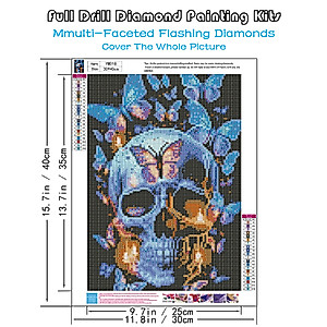 KINPLUB Skull Butterfly Diamond Painting Kits for Adults, 5D Horror Diamond Art Kits, DIY Paint with Diamonds Kit, Full Drill Round Diamond Dots for Halloween Home Wall Decor 12 x 16 Inch