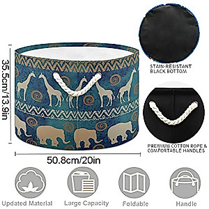 visesunny African Tribal Ethnic Elephant And Deer Collapsible Large Capacity Basket Storage Bin with Durable Cotton Handles, Home Organizer Solution for Office, Bedroom, Closet, Toys, Laundry
