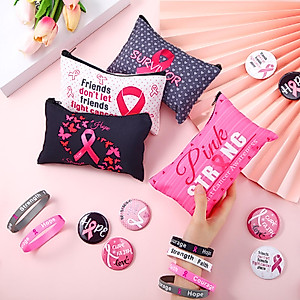 Tanlade 36 Pcs Breast Cancer Survivor Gifts for Women Girl Include Breast Cancer Awareness Makeup Bags Novelty Pink Ribbon Buttons Badge Hope Faith Strength Courage Inspiring Wristband for Party Favor