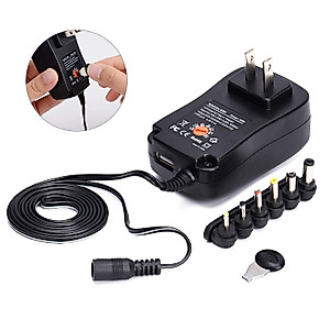 30W Universal Adapter Adjustable AC to DC Switching Power Supply with 6 Selectable Connector Tips & 5V USB Charger Ouput, 3V to 12V Regulated Voltage Replacement for Speakers Router LED Strip Lights