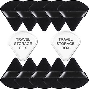 Yrarbil 10 Pieces Triangle Powder Puff, Soft Velour Puff Face Makeup Puff for Loose/Body/Mineral Powder, Wet and Dry Dual-use, with Travel Storage Box (Black)