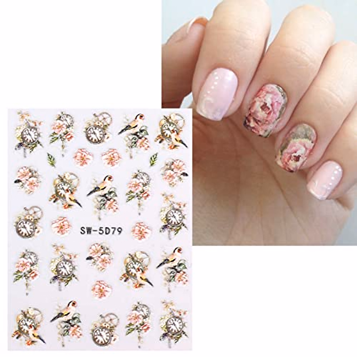 JMEOWIO 3D Spring Embossed Flower Nail Art Stickers Decals Self-Adhesive Pegatinas Uñas 5D Floral Nail Supplies Nail Art Design Decoration Accessories 5 Sheets