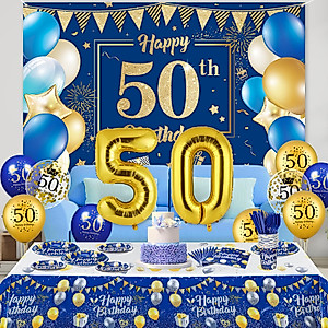 105Pcs Blue Gold 50th Birthday Decorations for Men Includes Navy Blue Happy 50th Birthday Banner 50th Birthday Balloons Gold Foil Fringe Curtains Tableware Set for 50th Birthday Party Supplies