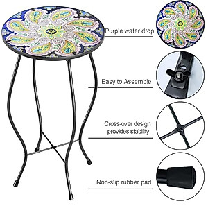 Paytonture Patio Side Table Outdoor Mosaic Table Accent Coffee Table,Plant End Table Small Porch Purple Table Indoor,Round Glass Balcony Small Porch Plant Stands for Garden Patio Living Room 14 Inch