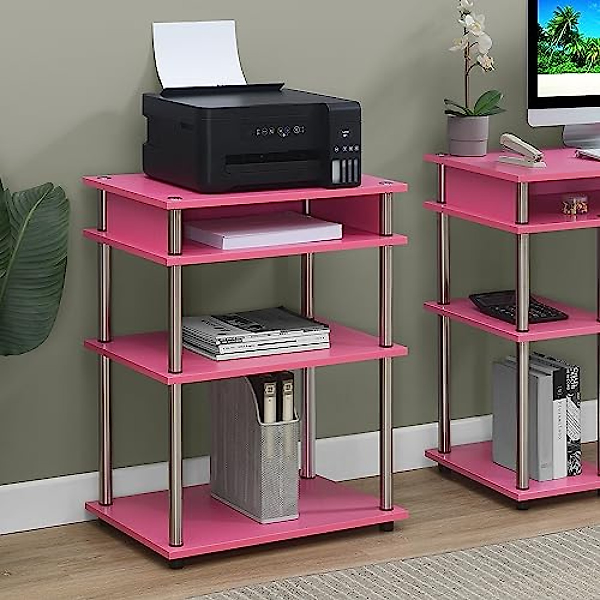 Convenience Concepts Designs2Go Tools Shelves 23.75"-Contemporary Modern Storage Printer Stand for Office Organization, Pink/Chrome