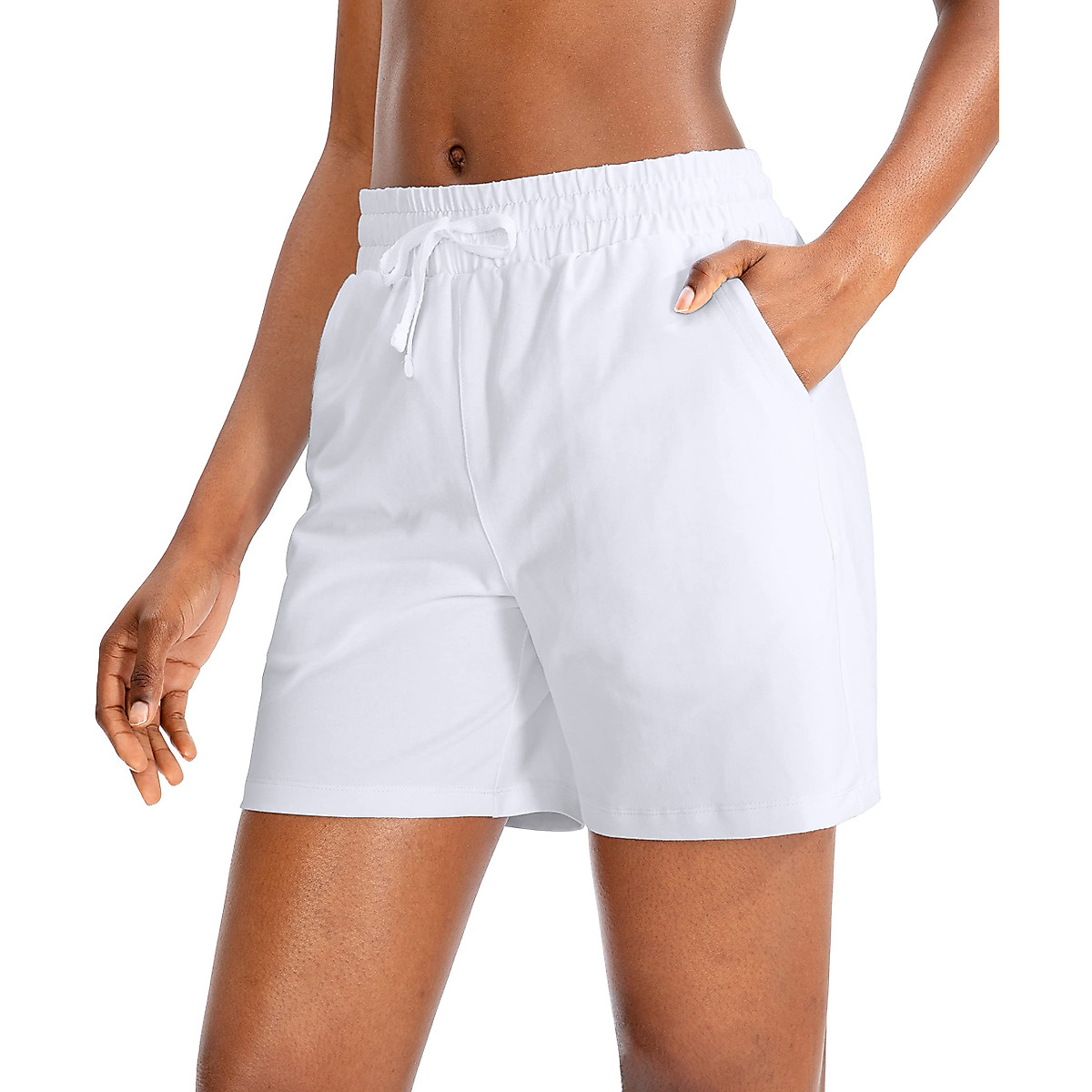 SANTINY Women's Cotton Shorts 5'' Lounge Yoga Shorts Jersey Sweat Bermuda Shorts for Women Walking Athletic with Pockets (White_XL)