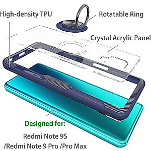 QSEEL for Xiaomi (Redmi Note 9S /Redmi Note 9 Pro/Redmi Note 9 Pro Max) Clear Ring Armor Case, Shockproof Cover Defender Combined with Soft TPU Rim, Crystal Acrylic Panel and Built-in Holder (Blue)