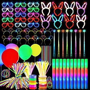 373 Pcs Glow in the dark party supplies For Adults Kids Glow Sticks neon party decorations with 10 LED Glasses 10 LED Cat & Rabbit Ear Headband 30 LED Bracelets & finger lights for Christmas Halloween