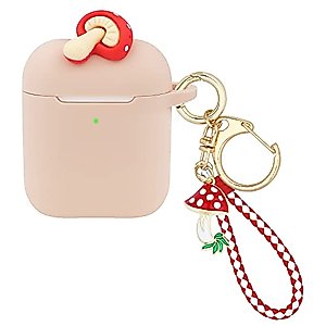 Wonhibo Cute Mushroom Airpod Case, Kawaii Silicone Pastel Pink Cover for Apple Airpods 1st and 2nd Generation with Keychain