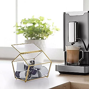 ELLDOO Gold Glass Pentaprism Coffee Pods Holder with Lid for Nespresso Vertuoline Capsule, Tea Bags Sugar Packets Sweeteners Candy Snack Storage for Counter, Coffee Bar, Kitchen, Breakroom