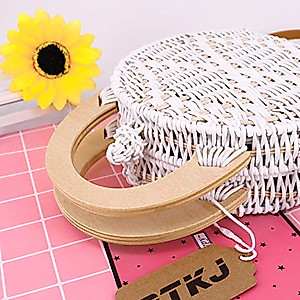 QTKJ Hand-Woven Round Rattan Wooden Handle Tote Bag Summer Beach Straw Crossbody Bag Shoulder Bag with Adjustable Leather Shoulder Strap (White)