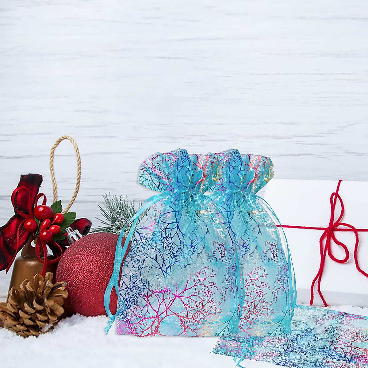 YEKOLEYO 50PCS 5X7 Inches Coral Pattern Organza Drawstring Gift Bags Blue Organza Pouch for Jewelry Candy Chocolate Party Christmas Baby Shower Wedding Favor Gift Bags