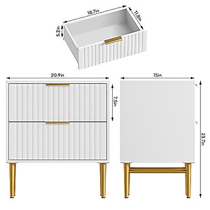 HQZX White Nightstand Set of 2 with Charging Station, Fluted Nightstand with Drawers, Modern Bedside Table with Gold Legs, End Table for Bedroom
