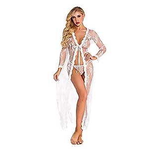 Women's Sexy Lingerie Set See Through Lace Gown Kimono Cover Up Sleepwear Maternity Dress Robe Mesh Robe, White M