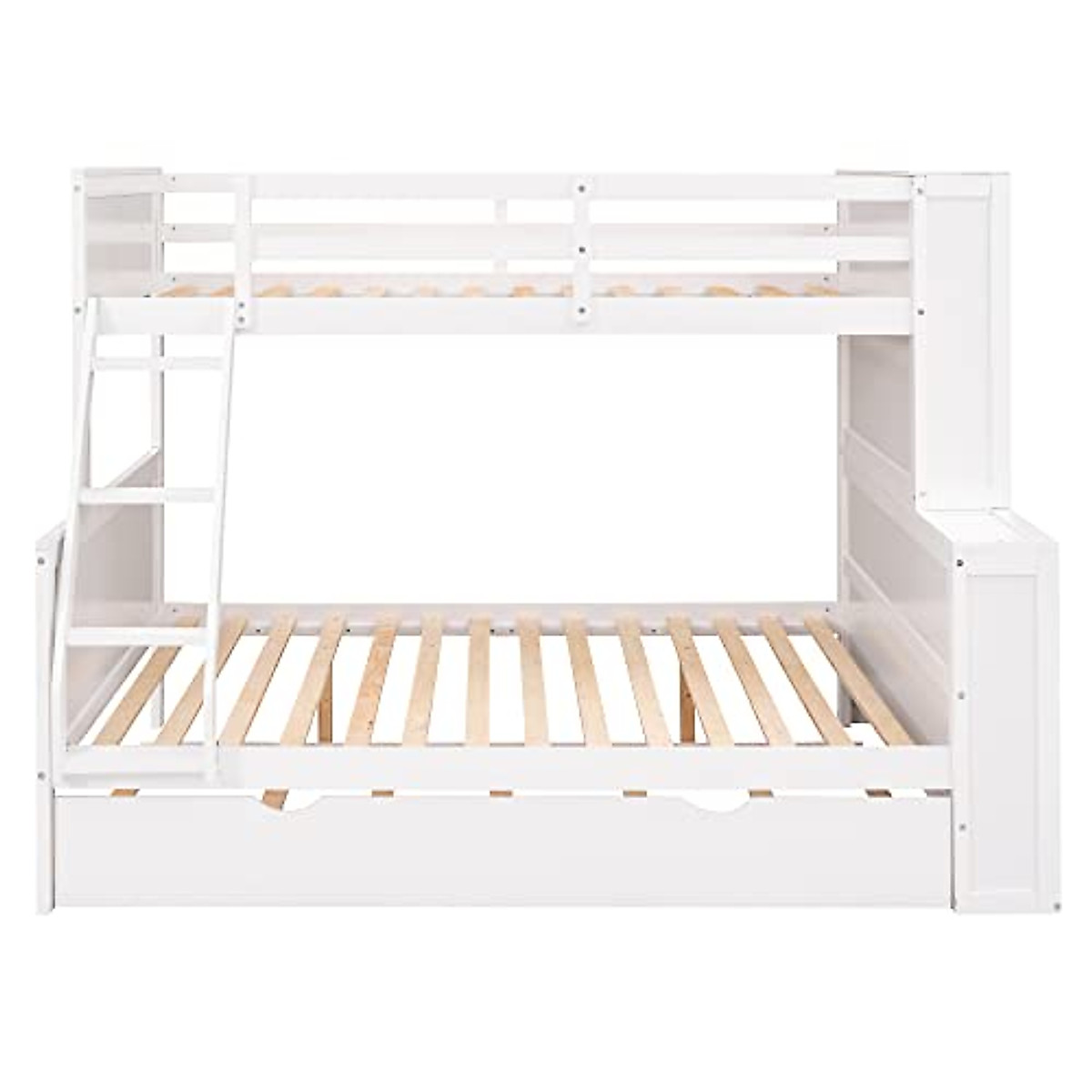 BIADNBZ Twin Over Full Bunk Bed with Trundle and Shelves, Can Be Separated into Three Separate Platform-Beds for Teens/Adults, Space-Saving Design, White