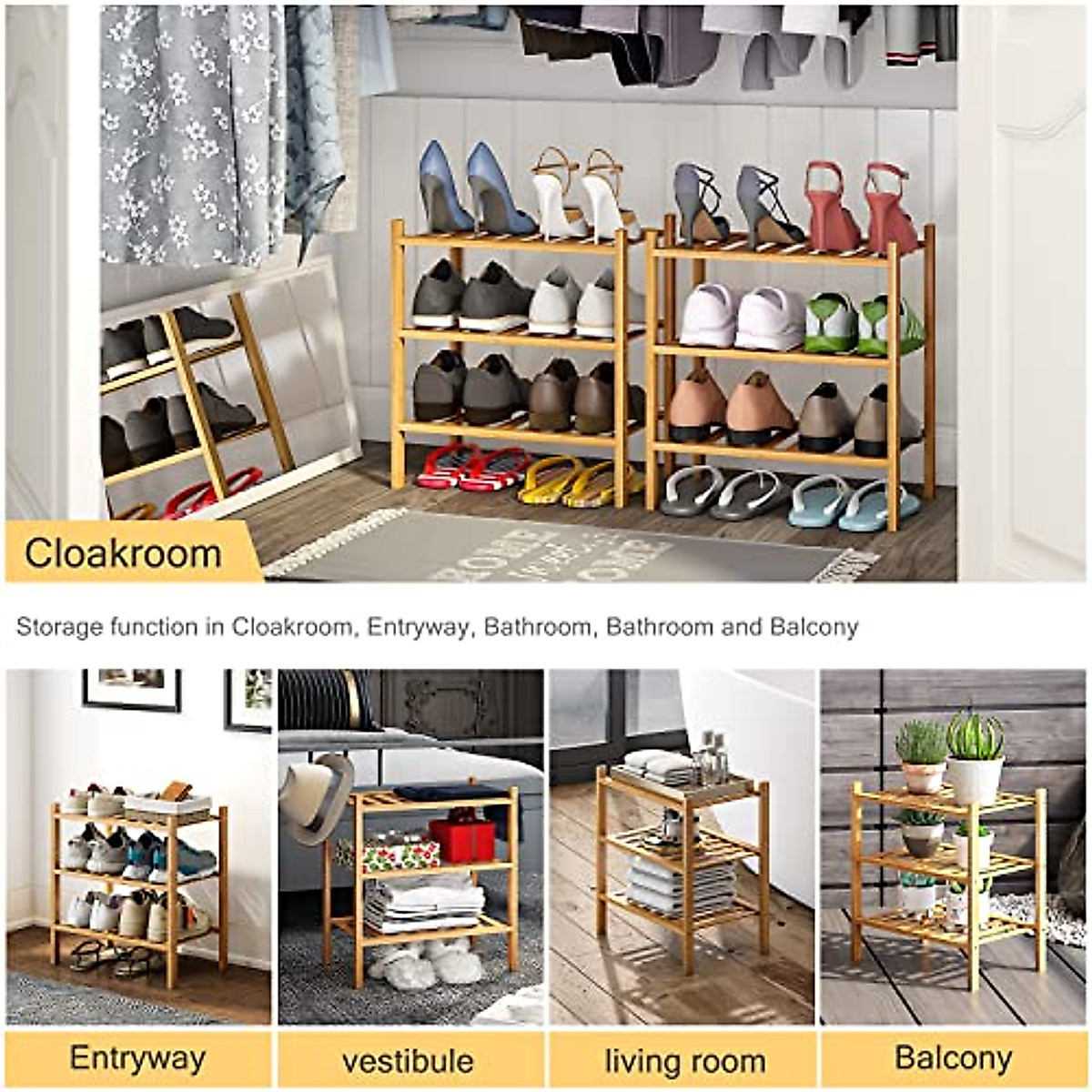 Furshus 3-Tier Small Shoe Rack for Entryway, Stackable | Heavy Duty | Multi-Function, Bamboo Free Standing Shoe Racks for Bedroom Hallway Closet