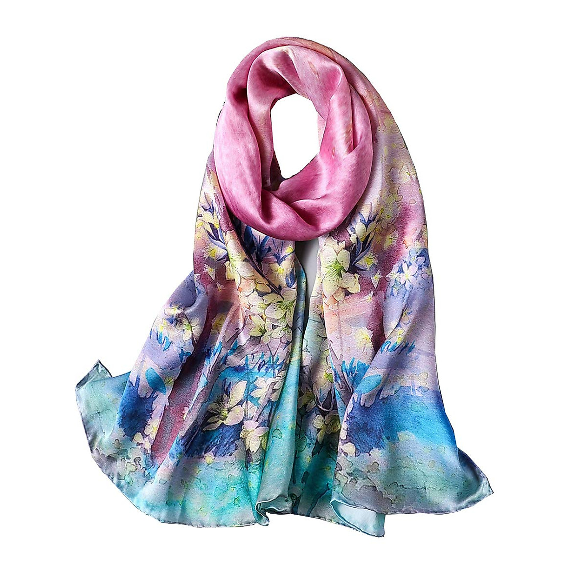 ANDANTINO 100% Mulberry Silk Long Scarf for Women Large Shawls for Headscarf and Neck- Oblong Hair Wraps with Gift Packed (Pink&Yellow Blossoms)