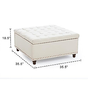 Tbfit Large Square Storage Ottoman Bench, Tufted Upholstered Coffee Table Ottoman with Storage, Oversized Storage Ottomans Toy Box for Living Room (Beige)