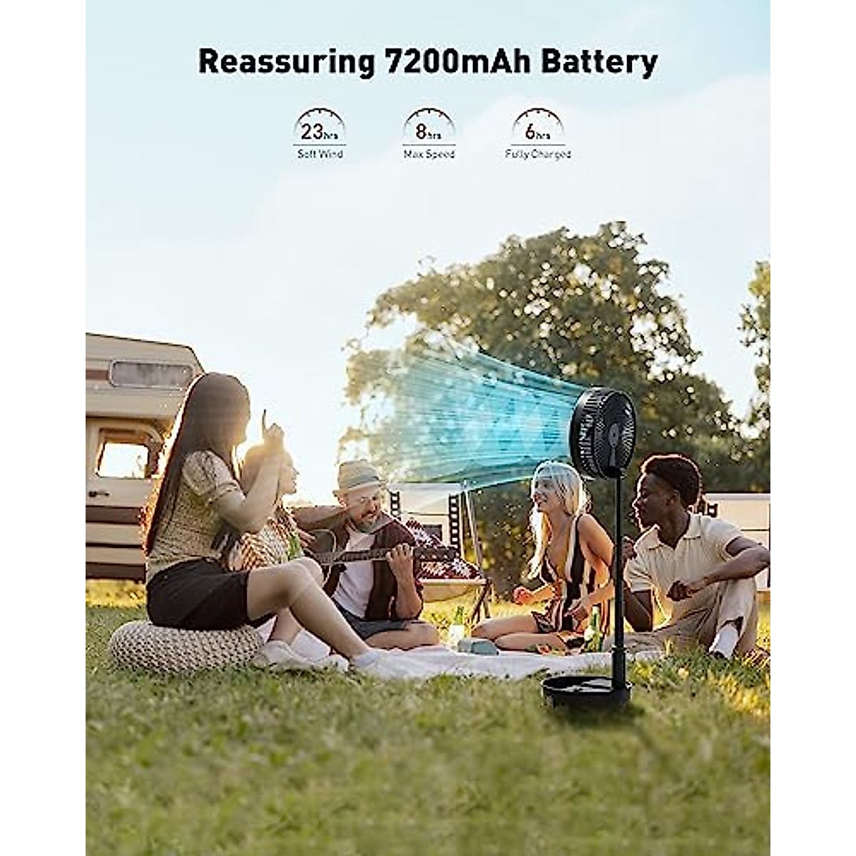 7200mAh Battery Powered Oscillating Fan, 8" Rechargeable Foldaway Fan, 12H Working Time, Height Adjustment, 4 Speeds, Remote Control, Portable Standing Fan for RV, Travel, Camping, Desk, Home, Outdoor