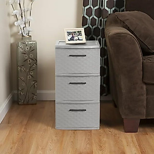 3 Drawer Weave Storage Tower Set of 2, Plastic Decorative Drawers to Organize Clothes in Bedroom with Gray Drawers